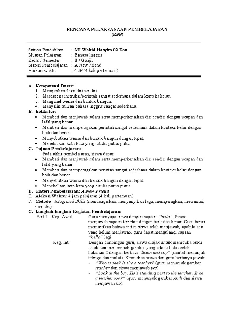 RPP K13 Bahasa Inggris Kelas 2 Semester 1 Revisi 2019 | PDF