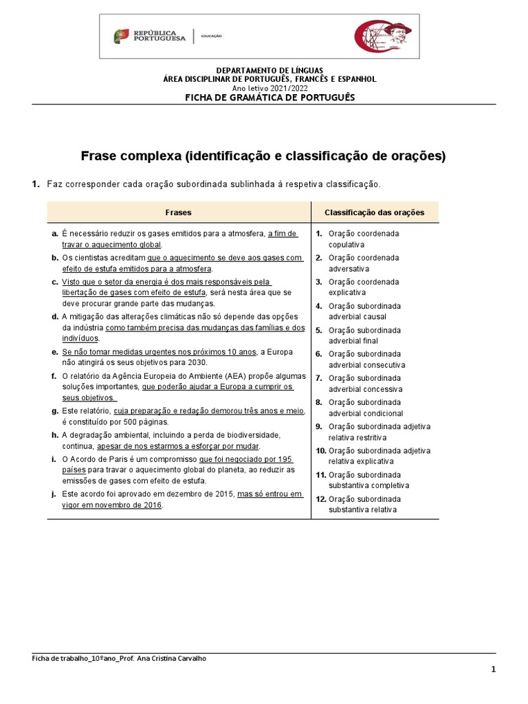 Ficha de Gramãtica - Orações - Funções Sontáticas - Valor Modal | PDF ...