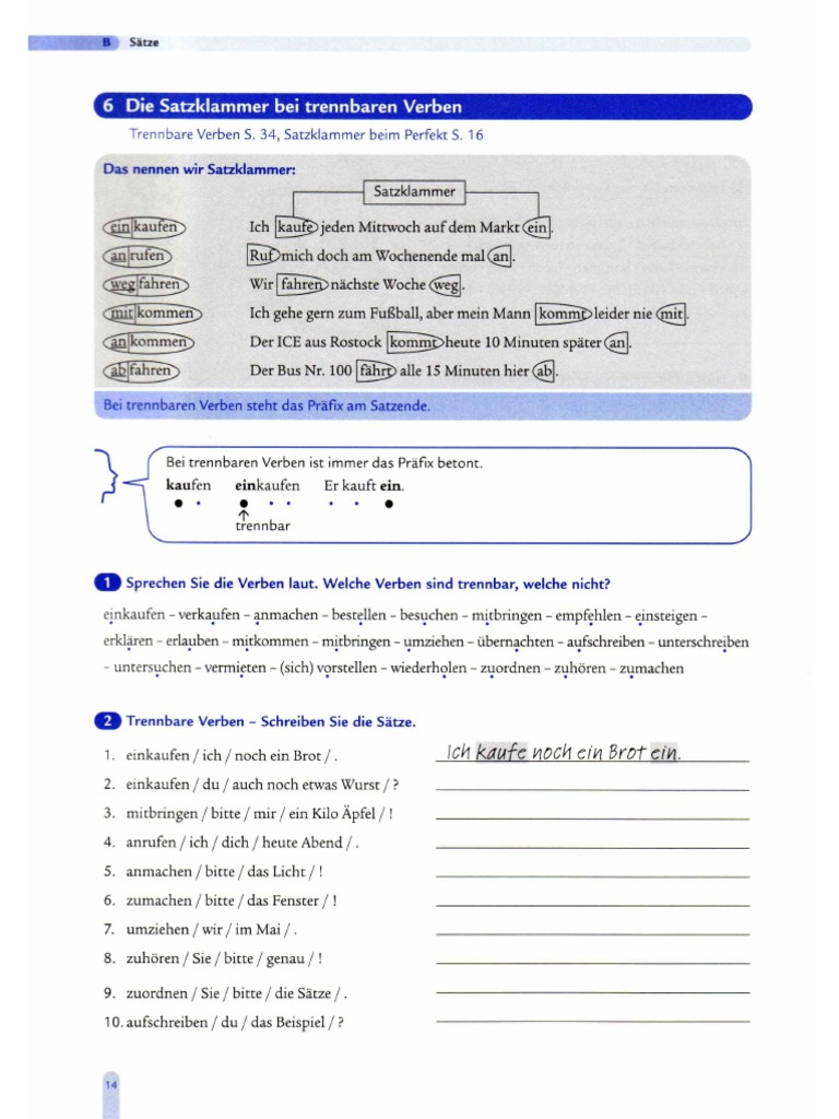 02.Satzklammer bei Modalverben, trennbare Verben und Perfekt | PDF