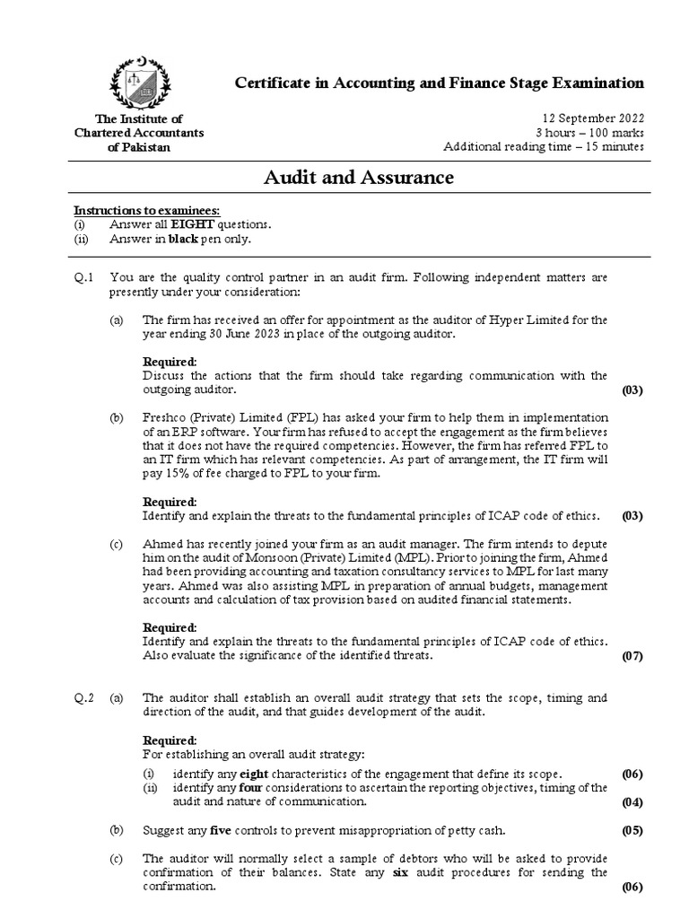CAF 8 AUD Autumn 2022 | PDF | Audit | Going Concern