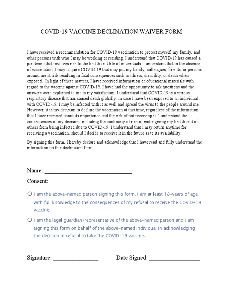 Covid Vaccine Declination Waiver | PDF | Wellness | Lifestyle