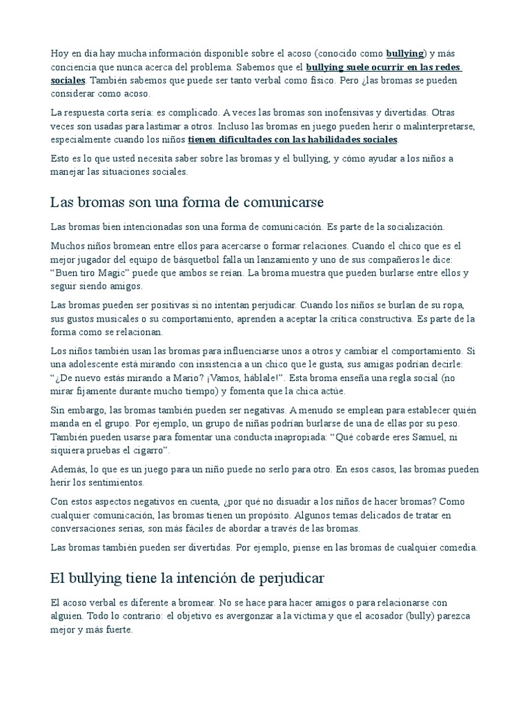 Bromas: ¿Diversión o Acoso? | PDF | Relaciones personales, crianza y ...
