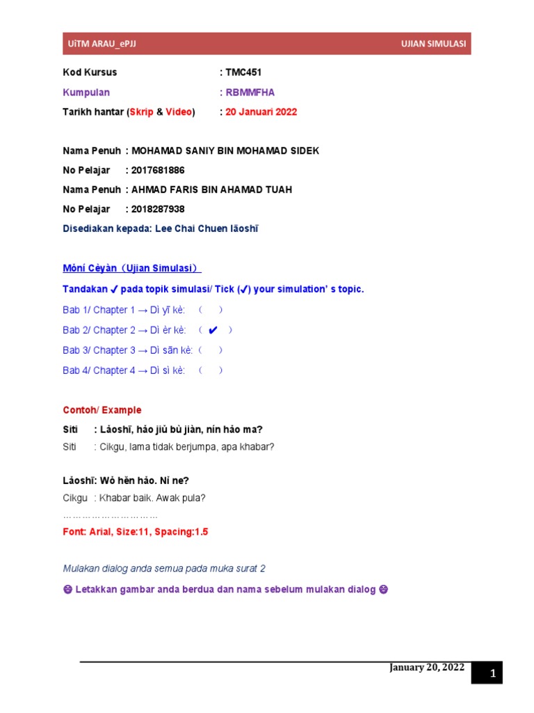 ePJJ - TMC451 - Borang Skrip SIMULASI - Okt21-Feb22 | PDF