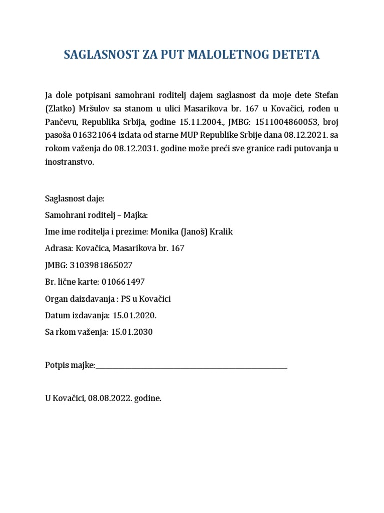 Saglasnost Za Put Maloletnog Deteta | PDF