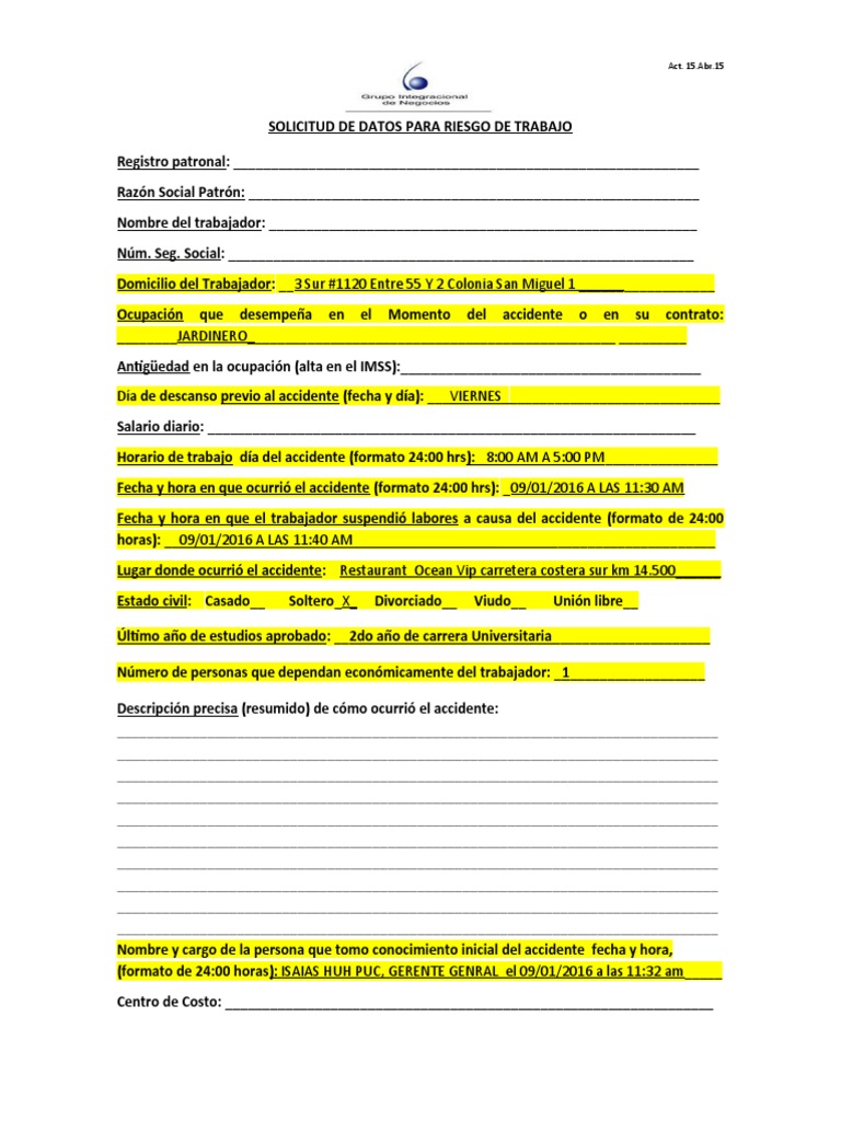 Formato Riesgo de Trabajo Llenado ST7 | PDF