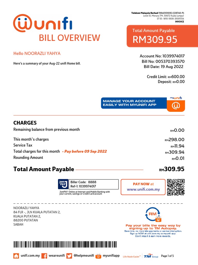 Unifi Home Bill Summary for August 2022 | PDF | Services (Economics ...