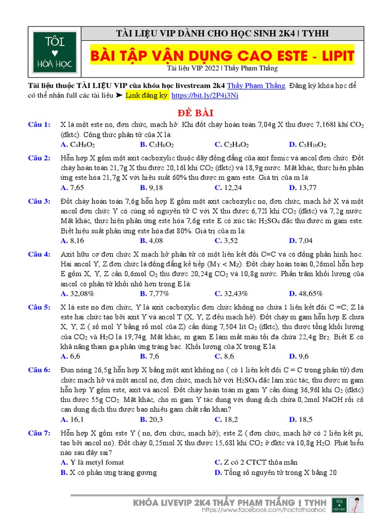 Bài Tập Vận Dụng Cao Este - Lipit - Tyhh | PDF