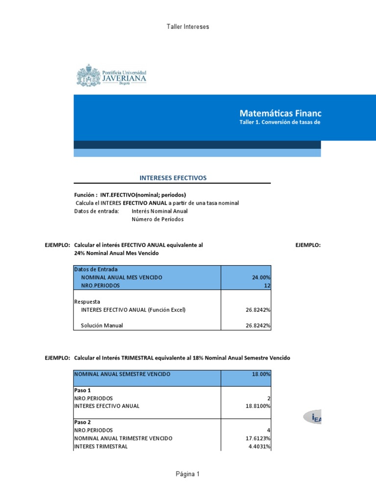 Taller 1 MF - Conversión Tasas de Interés | PDF | Interés | Responsabilidad (contabilidad ...