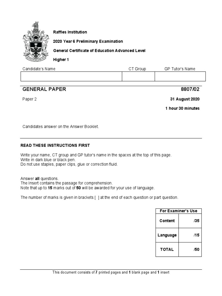 RI 2020 GP Paper 2 Answer Booklet | PDF | Question | Human Communication