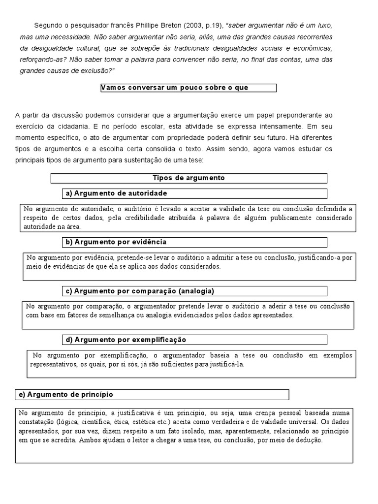 9 Ano Atividade 01 de PT Tipos de Argumentos | PDF | Argumento | Conhecimento