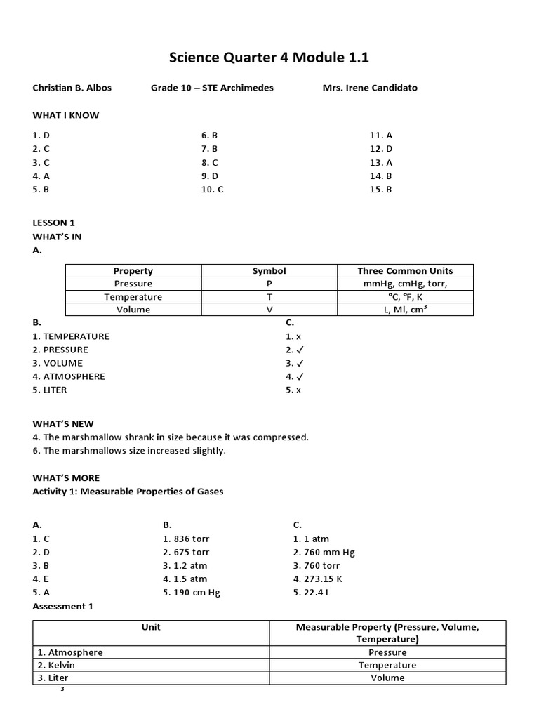 Science Quarter 4 Module 1.1 | PDF | Pressure | Gases