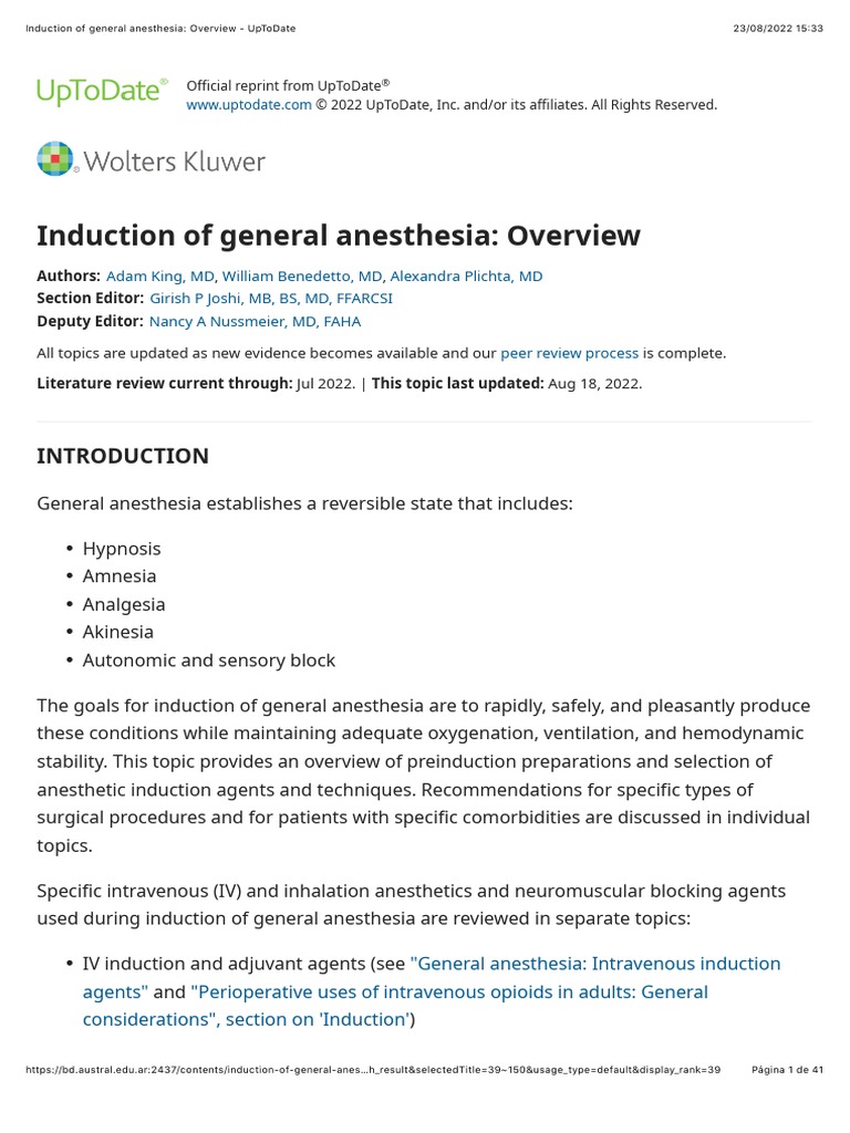 Induction of General Anesthesia: Overview - UpToDate | PDF | Anesthesia | Medical Treatments