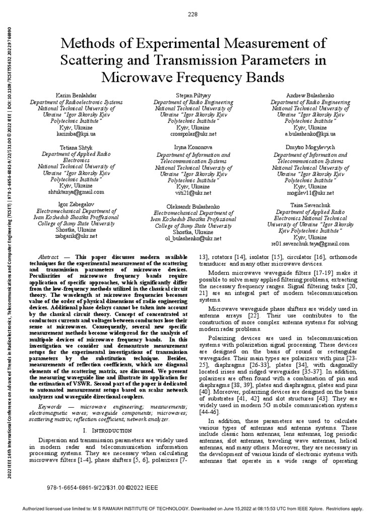 Methods of Experimental Measurement of Scattering and Transmission Parameters in Microwave ...