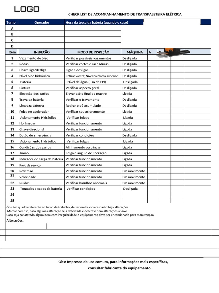 Check List de Acompanhamento de Transpaleteira Elétrica.docx | PDF