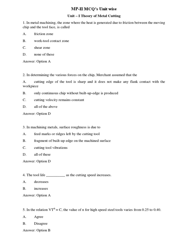 MP-II MCQ Unit I | PDF | Machining | Civil Engineering