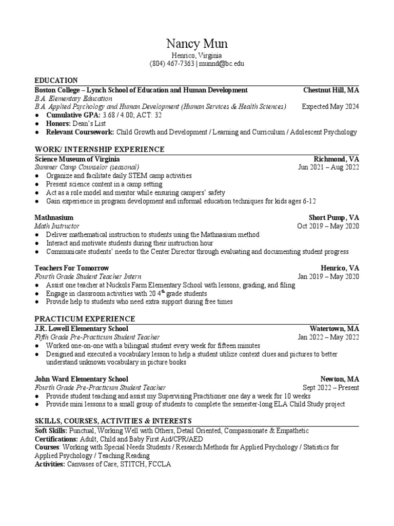 nancy mun resume | PDF | Teachers | Applied Psychology