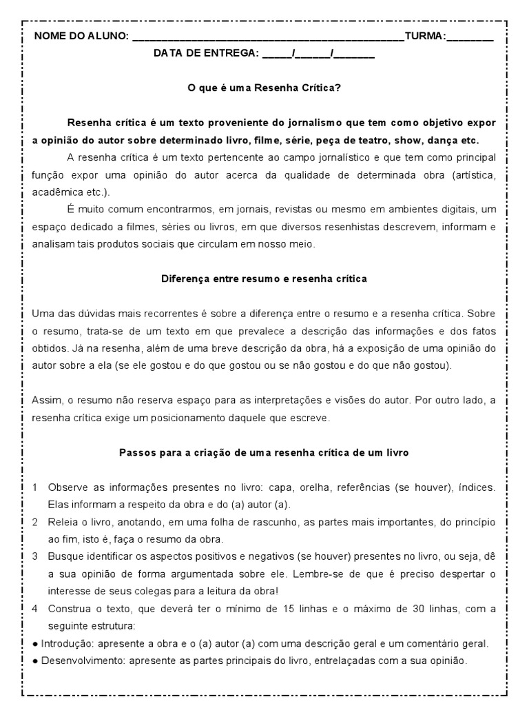 Producao-de-texto-resenha-de-livro-8º-ou-9º-ano-Word | PDF | Crítica ...