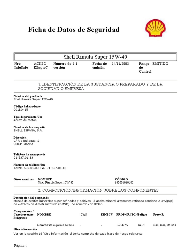 Shell 15w40 Msds | PDF | Agua | Toxicidad