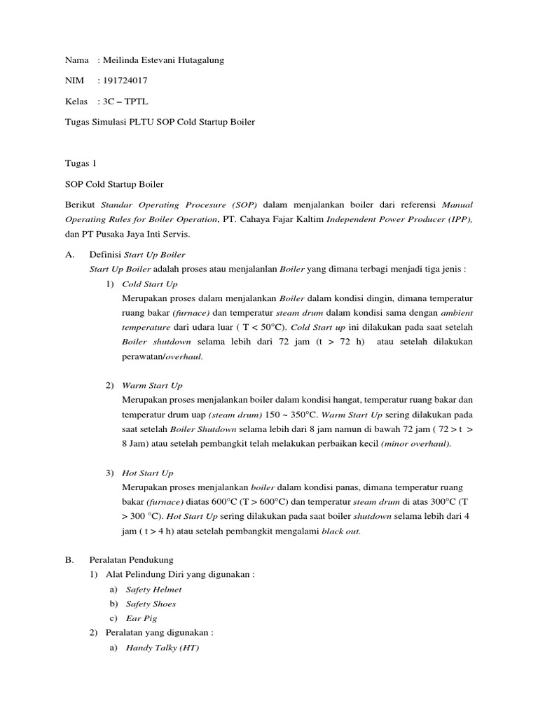Tugas 1 Simulasi PLTU SOP Cold Startup Boiler | PDF