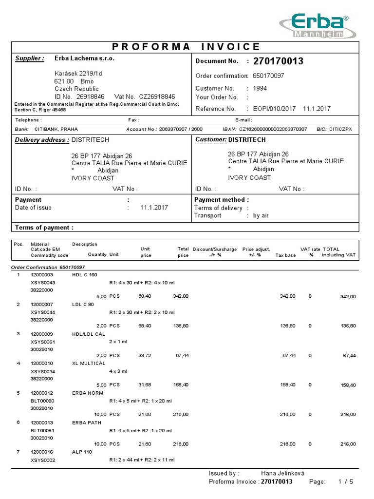 FACTURE PRO FORMA ERBA PI 270170013 Distritech | PDF | Payments ...