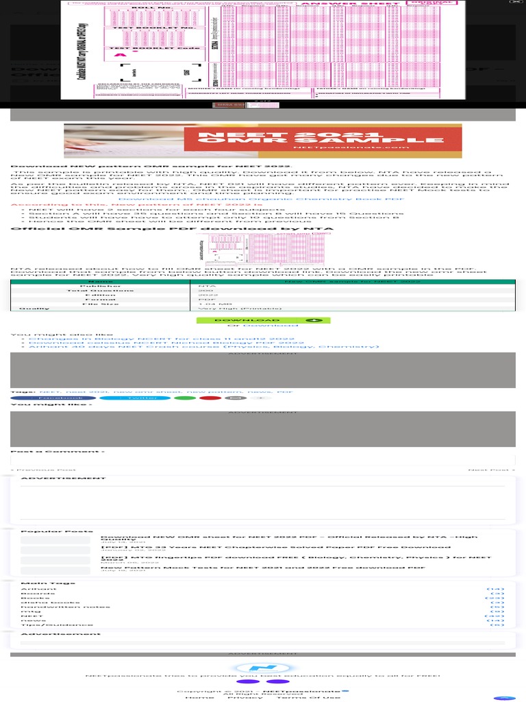 NEW OMR Sheet For NEET 2022 PDF - Offici | PDF | Tests | Computing