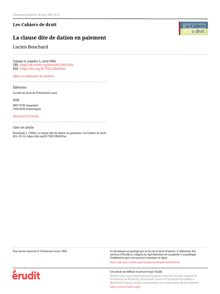 La Clause Dite de Dation en Paiement: Lucien Bouchard | PDF | Débiteur ...