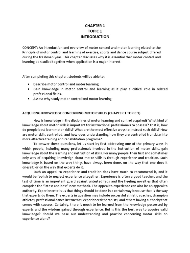 CHAPTER 1 TOPIC 1 Acquiring Knowledge Concerning Motor Skills | PDF | Learning | Expert