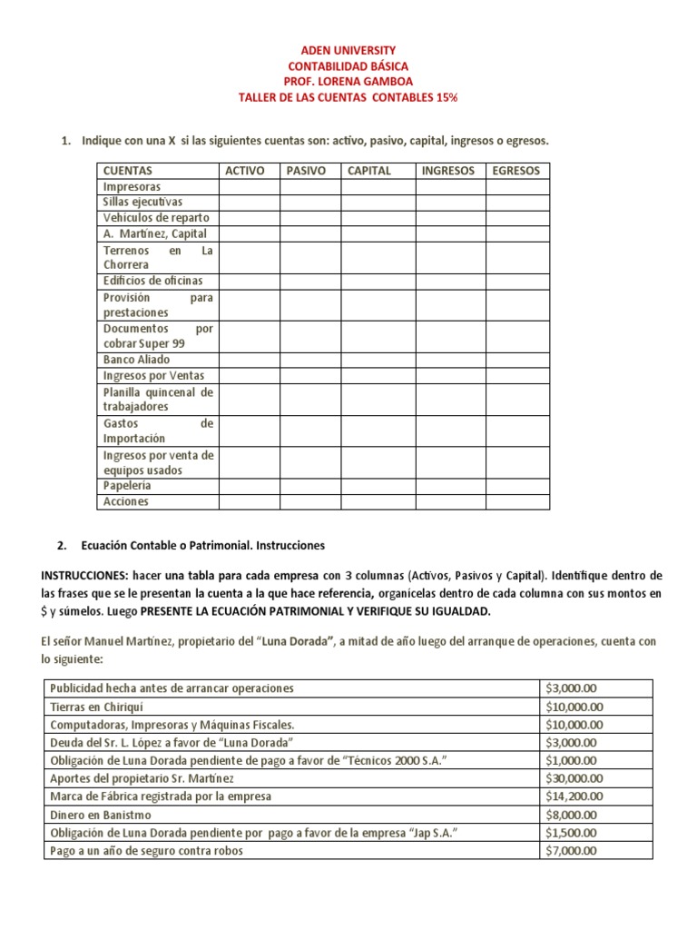 Taller Ecuación Patrimonial y Cuentas Contables. | PDF | Contabilidad ...