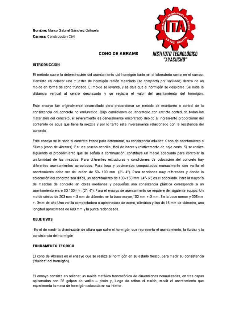 Cono de Abrams Introduccion | PDF | Materiales de construcción | Hormigón