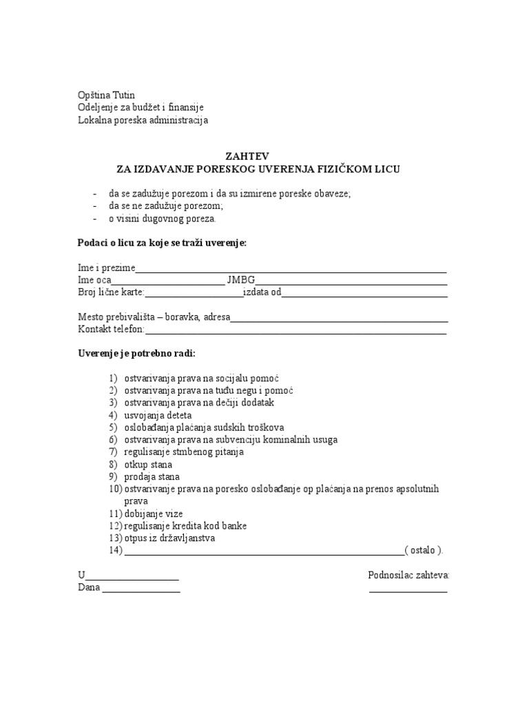 Zahtev Za Idavanje Poreskog Uverenja Fizickom Licu | PDF