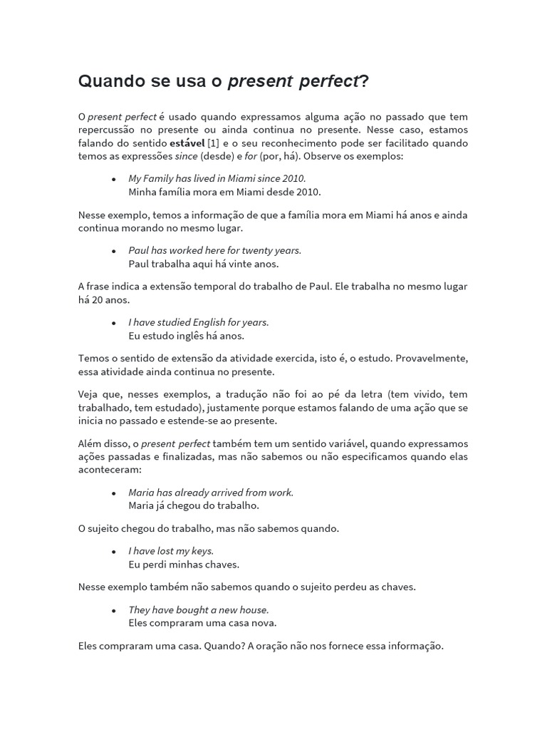 Quando usar o present perfect: suas funções e tradução para o português ...