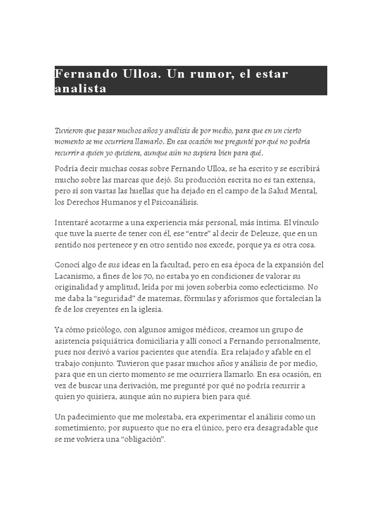 Fernando Ulloa. Un Rumor, El Estar Analista - Eduardo Smalinsky | PDF ...