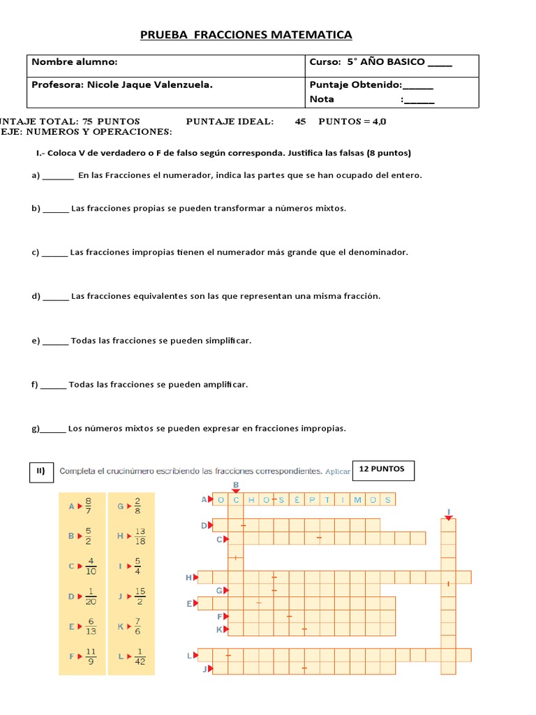 Prueba de Fracciones 5° | PDF