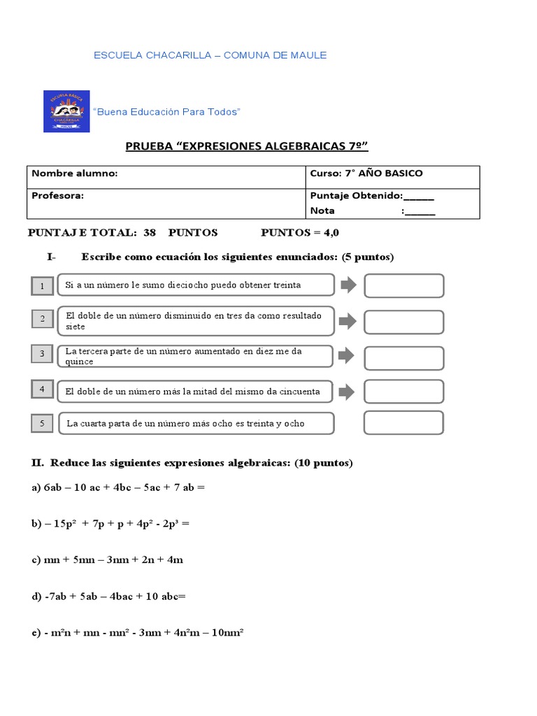 Prueba Expresiones Algebraicas 7° | PDF | Matemáticas