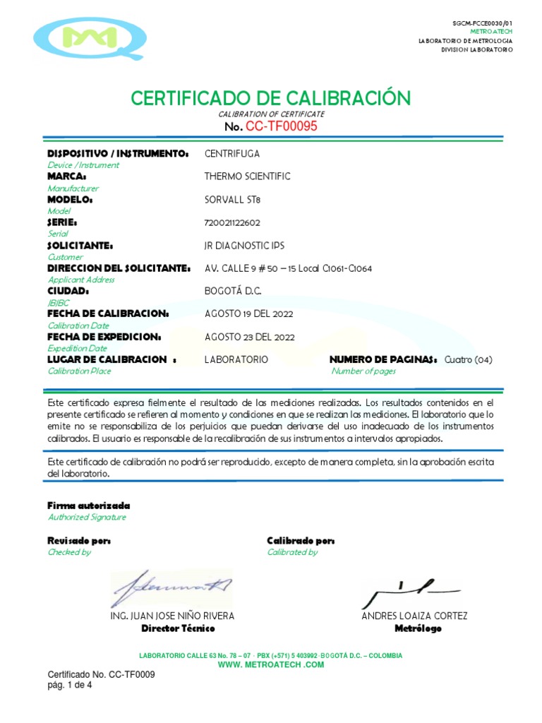 Certificado Calibracion Centrifuga Termo Scientific | PDF | Metrología ...