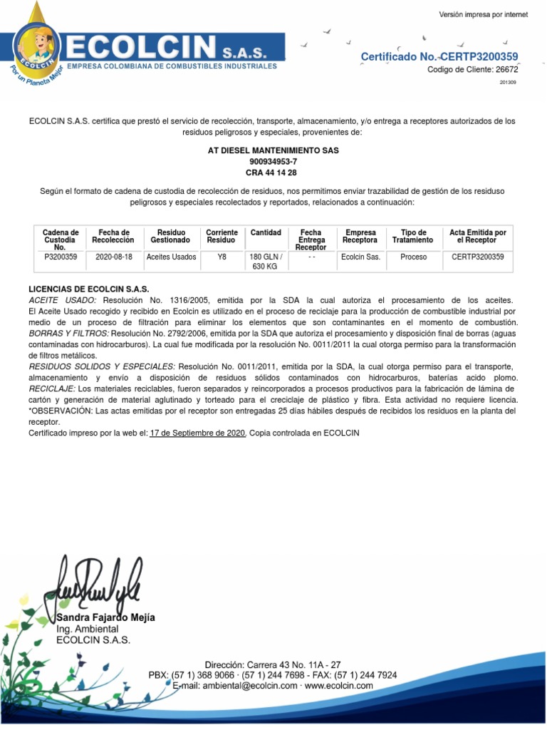 Gestión de Residuos Peligrosos ECOLCIN | PDF | Residuos | Reciclaje