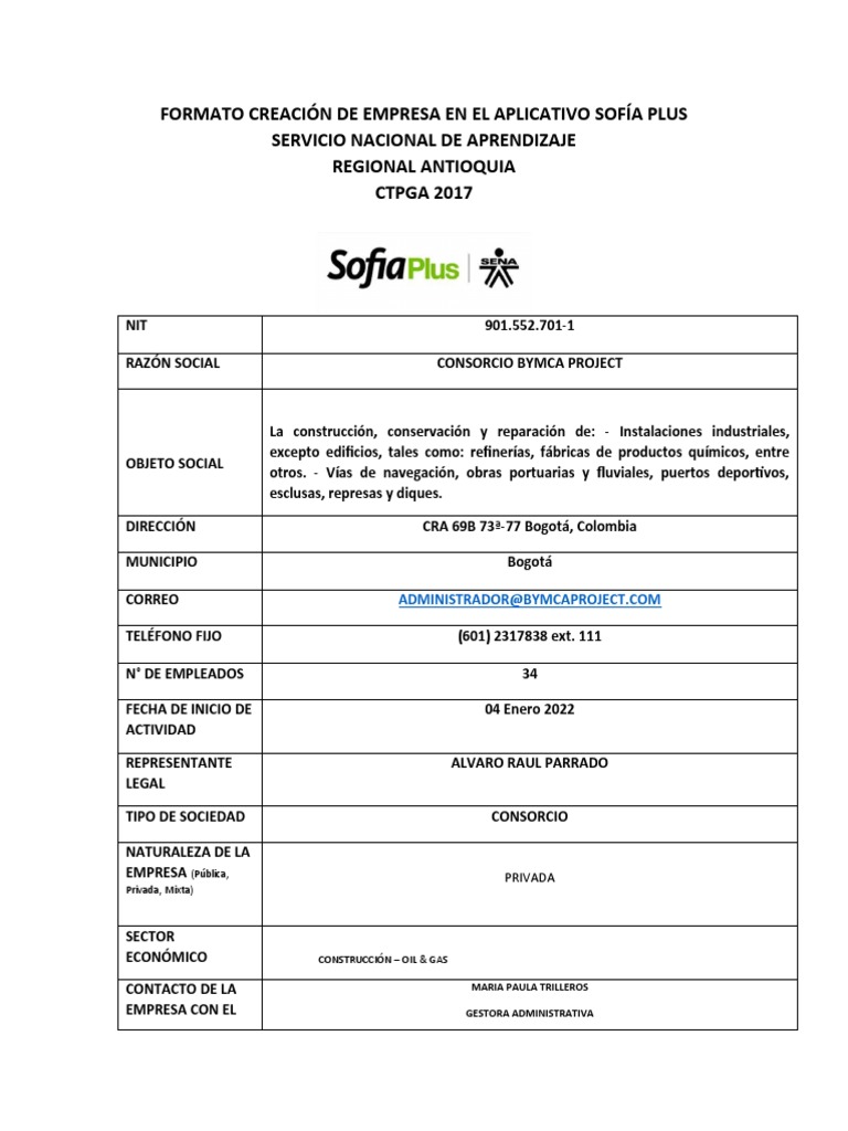Formato Creación de Empresa Aplicativo SOFIA PLUS | PDF