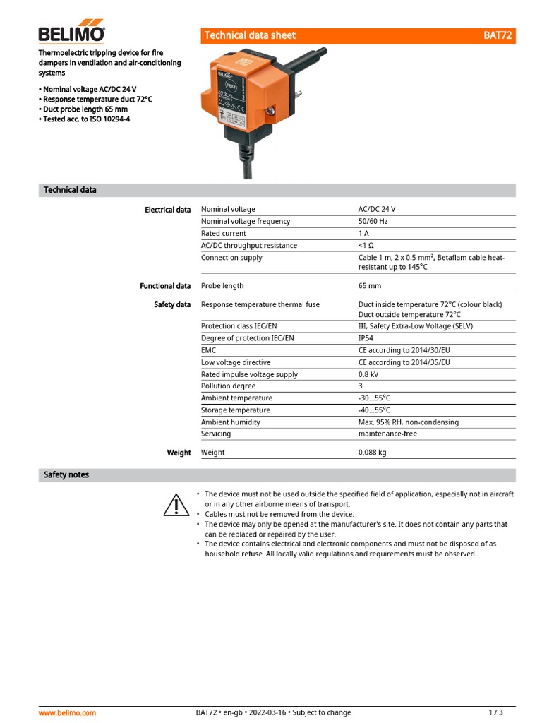 Belimo BAT72 Thermoelectric Device | PDF | Fuse (Electrical) | Duct (Flow)