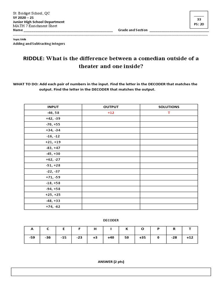 Enrichment Sheet 1.3 Adding and Subtracting Integers | PDF ...