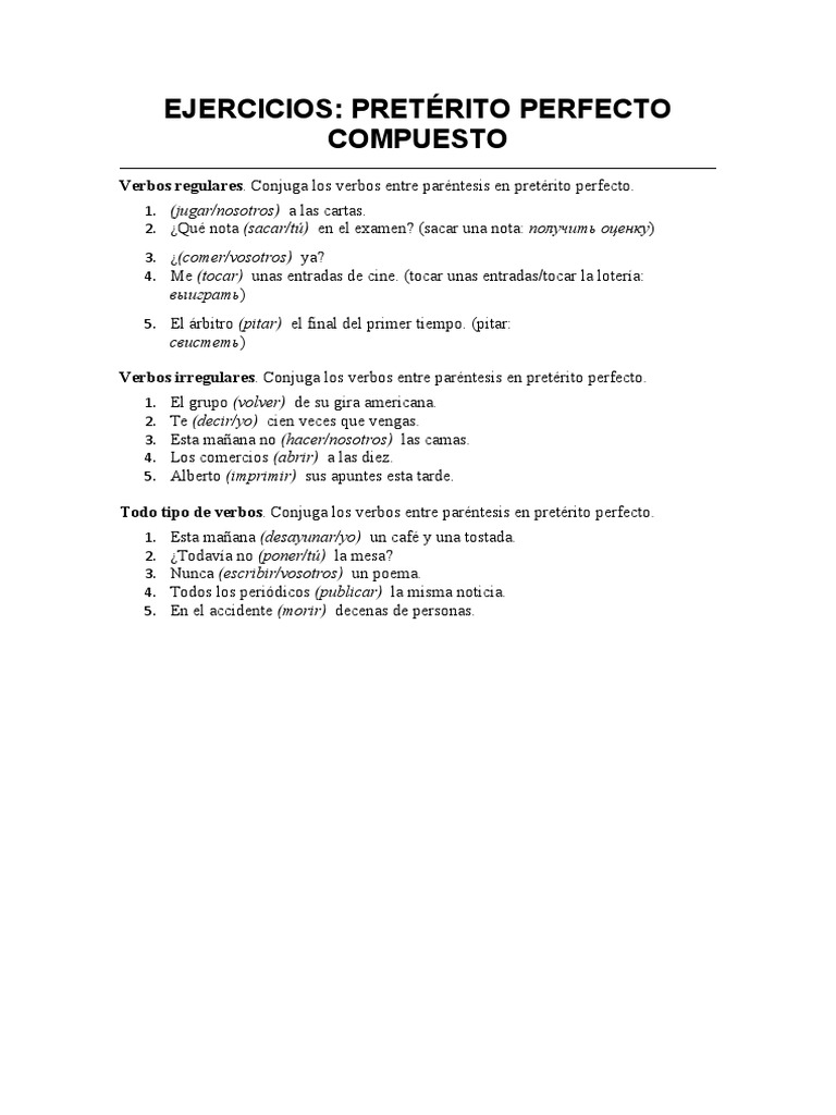 EJERCICIOS Pretérito Perfecto Compuesto | PDF