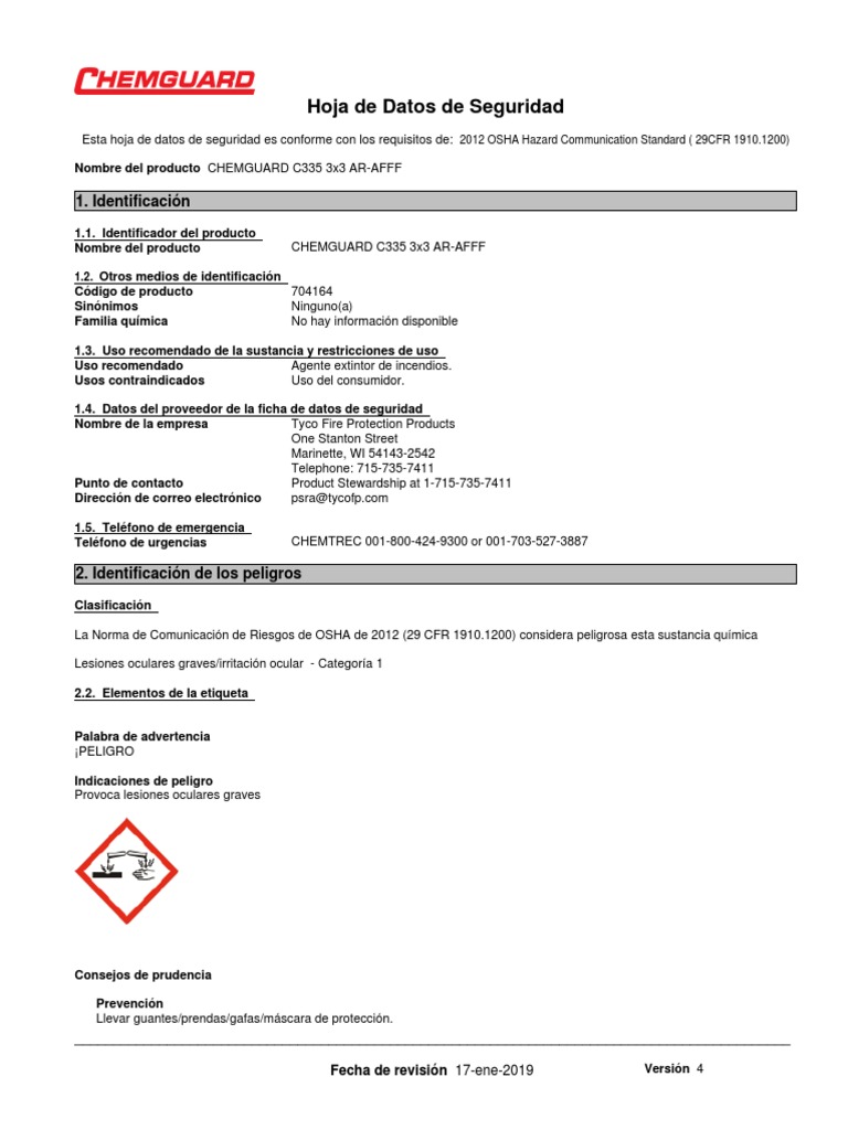 Hoja de Seguridad CHEMGUARD C335 AR-AFFF | PDF | Administración de ...