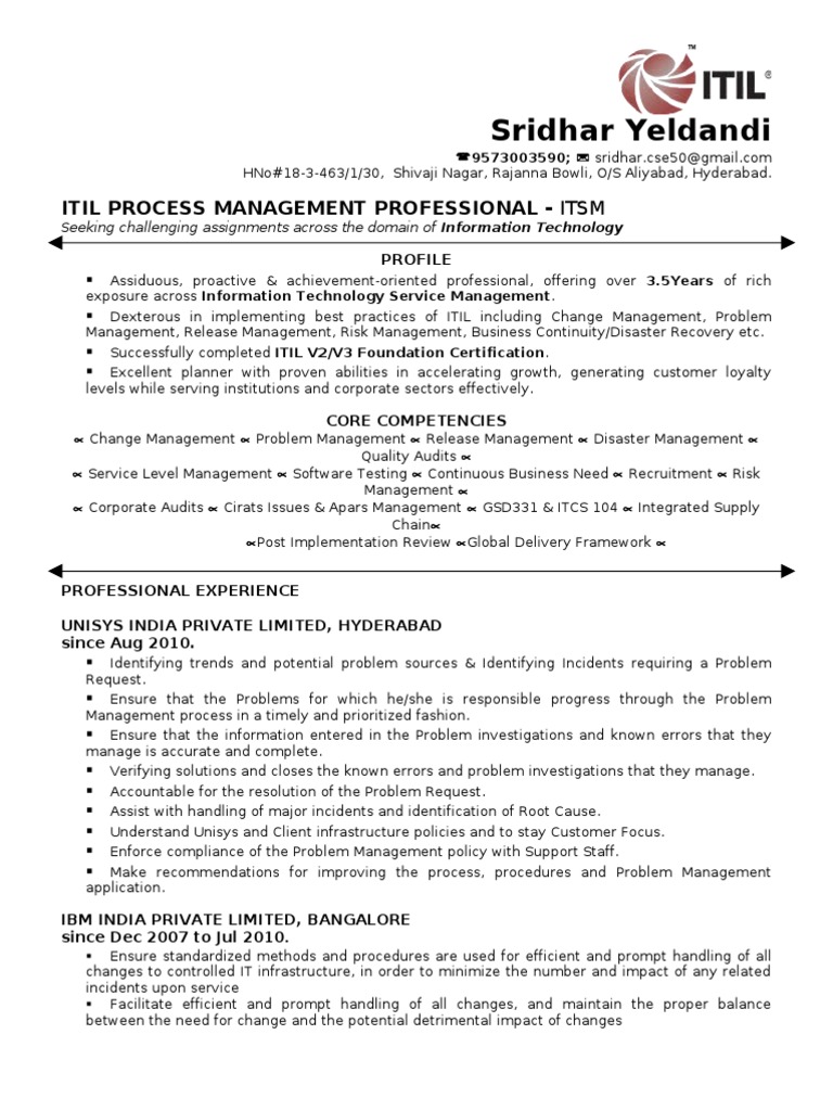 ITIL Process Management Resume | PDF | Itil | Information Technology