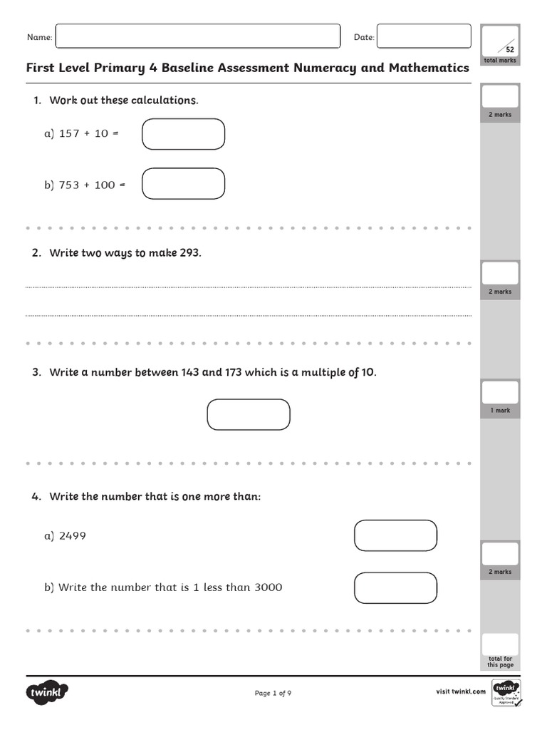 Cfe N 229 First Level p4 Baseline Maths Assessment Test | PDF
