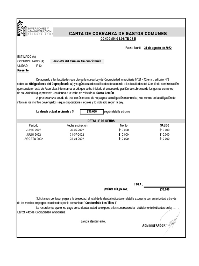 Carta de Cobranza de Gastos Comunes | Descargar gratis PDF | Condominio ...