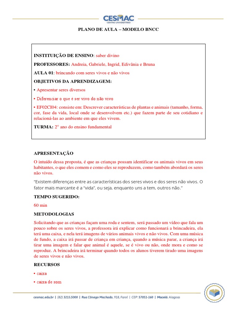 Modelo Plano de Aula BNCC | PDF | Autoajuda