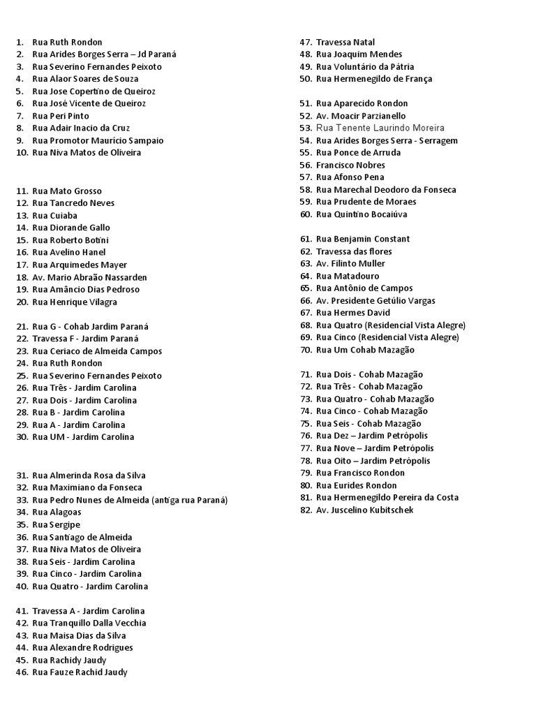 Lista de Nomes de Ruas do Brasil | PDF | Brasil