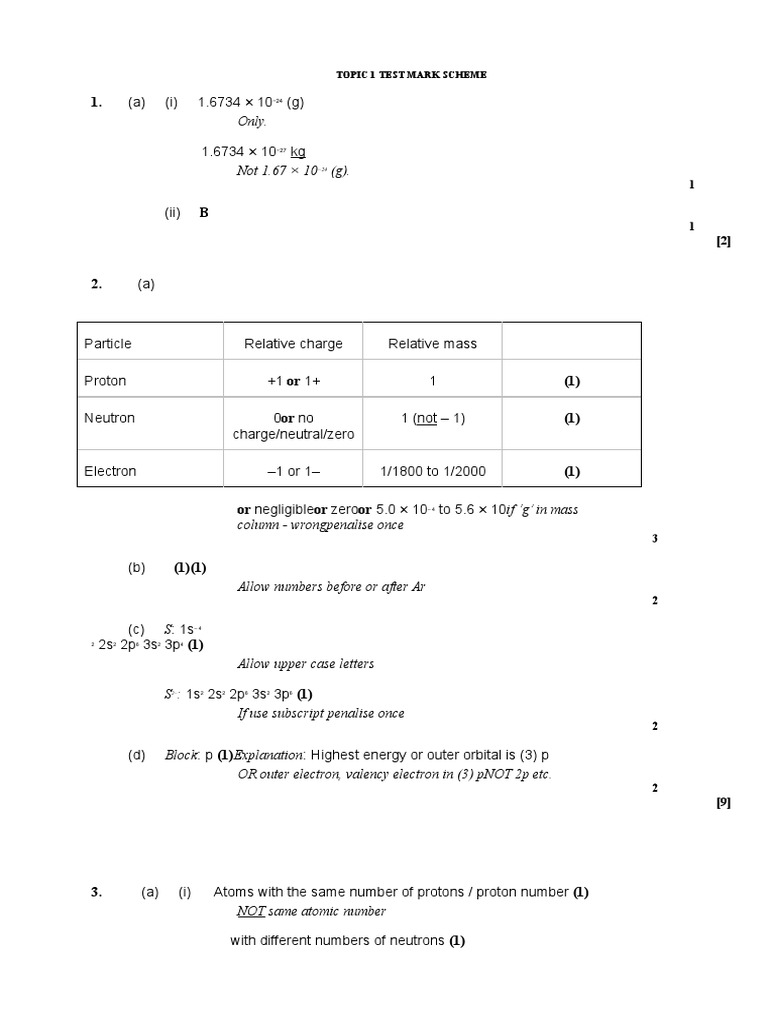Mark Scheme Test 1 Atomic Structure | PDF | Electron | Atoms