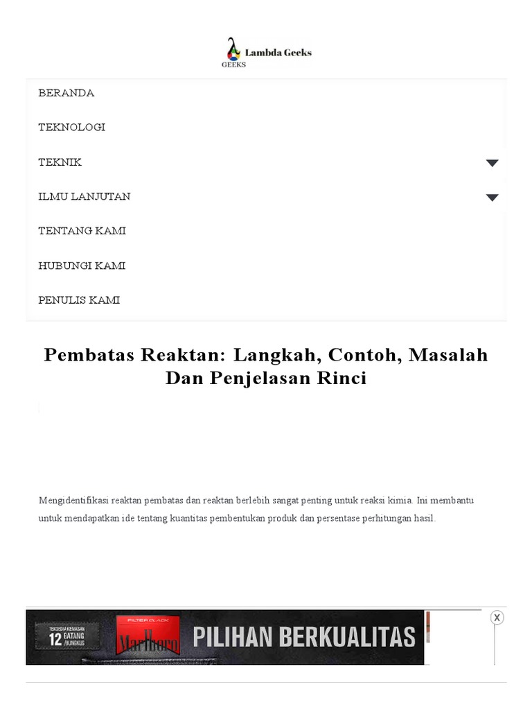 Pembatas Reaktan - Langkah, Contoh, Soal, Dan Penjelasan Terperinci - Lambda Geeks | PDF