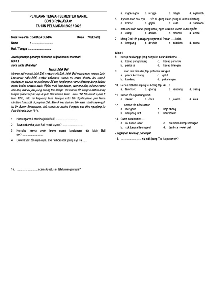Soal Pts Ganjil Kelas 6 Bahasa Sunda Ta. 2022-2023 | PDF