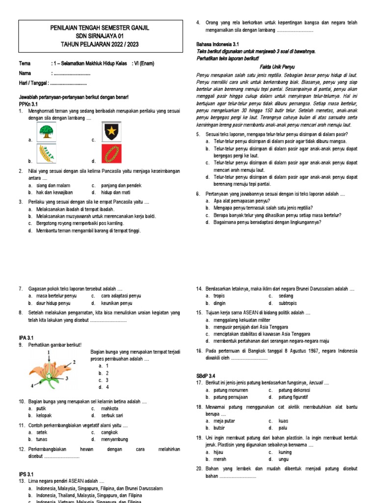 Soal Pts Ganjil Kelas 6 Tema 1 Ta. 2022-2023 | PDF